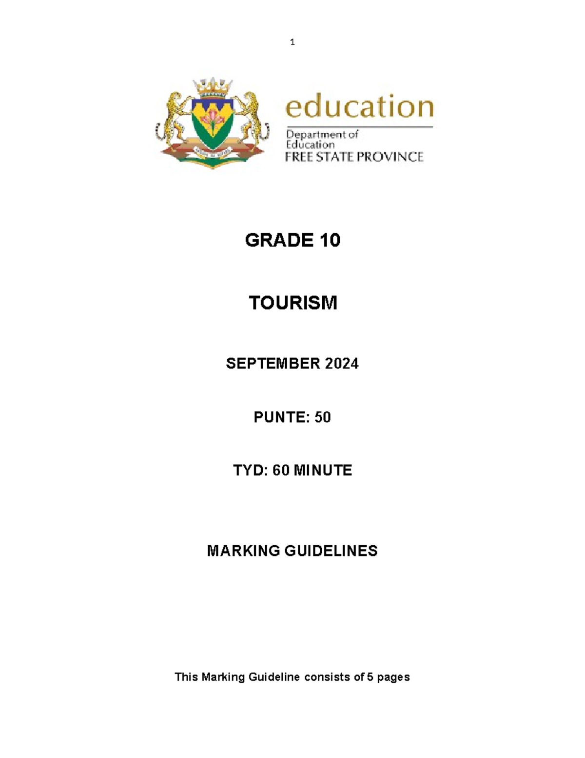 Grade 10 Tourism September 2024 Marking Guidelines (PUNTE: 50) - Studocu