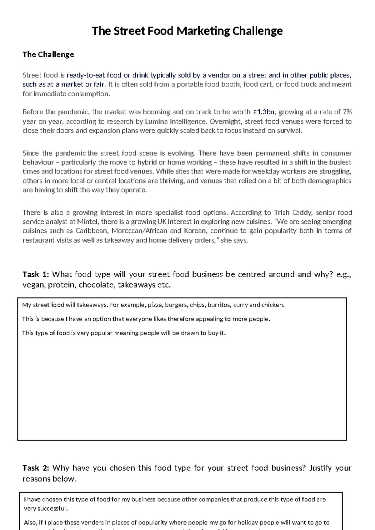 The Street Food Challenge Worksheet - The Street Food Marketing ...