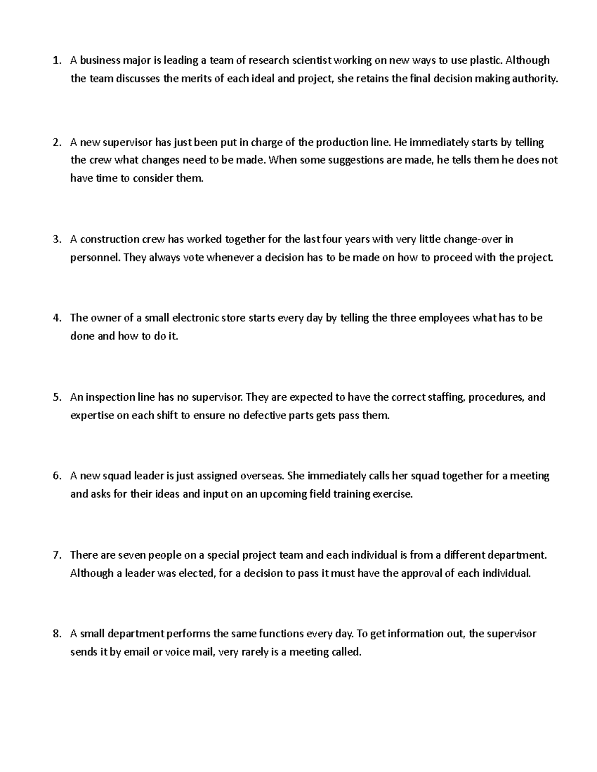 Leadership Styles Exercise Analysis for Business Management 101 - Studocu