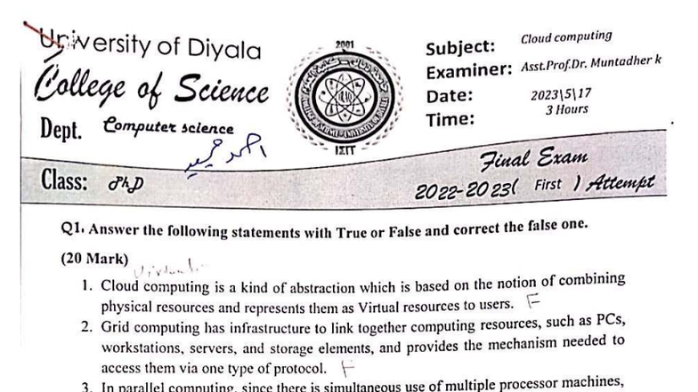 Cloud Computing Final Exam Questions - CS 2001 - University of Diyala - Studocu