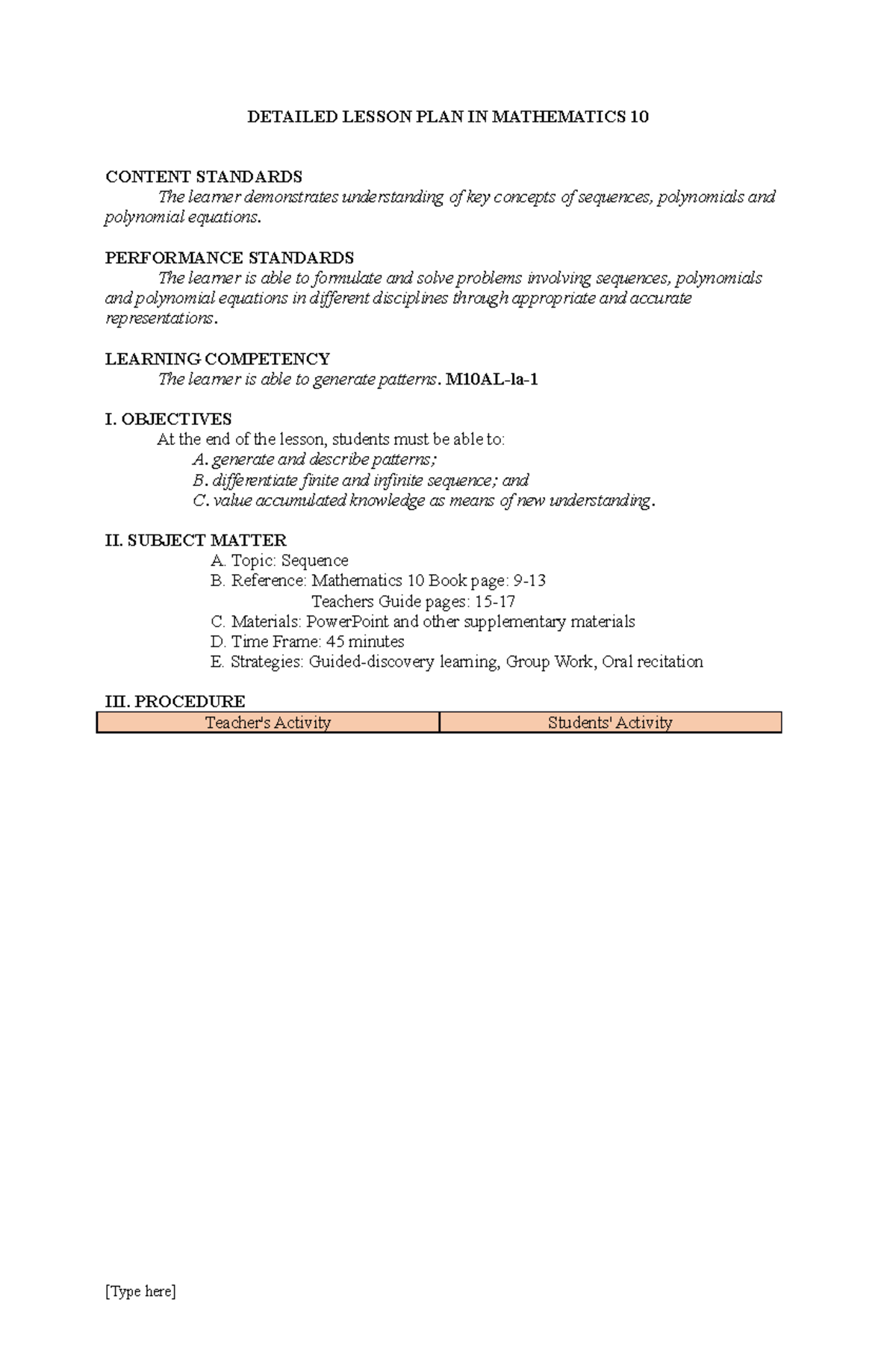 JHS LP - Math 10 Detailed Lesson Plan on Sequences & Patterns - Studocu