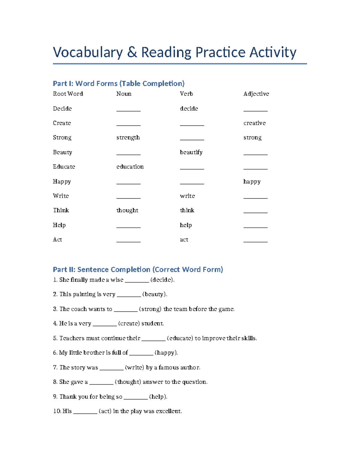 Vocabulary Reading Practice Activity: Word Forms & Sentence Completion ...