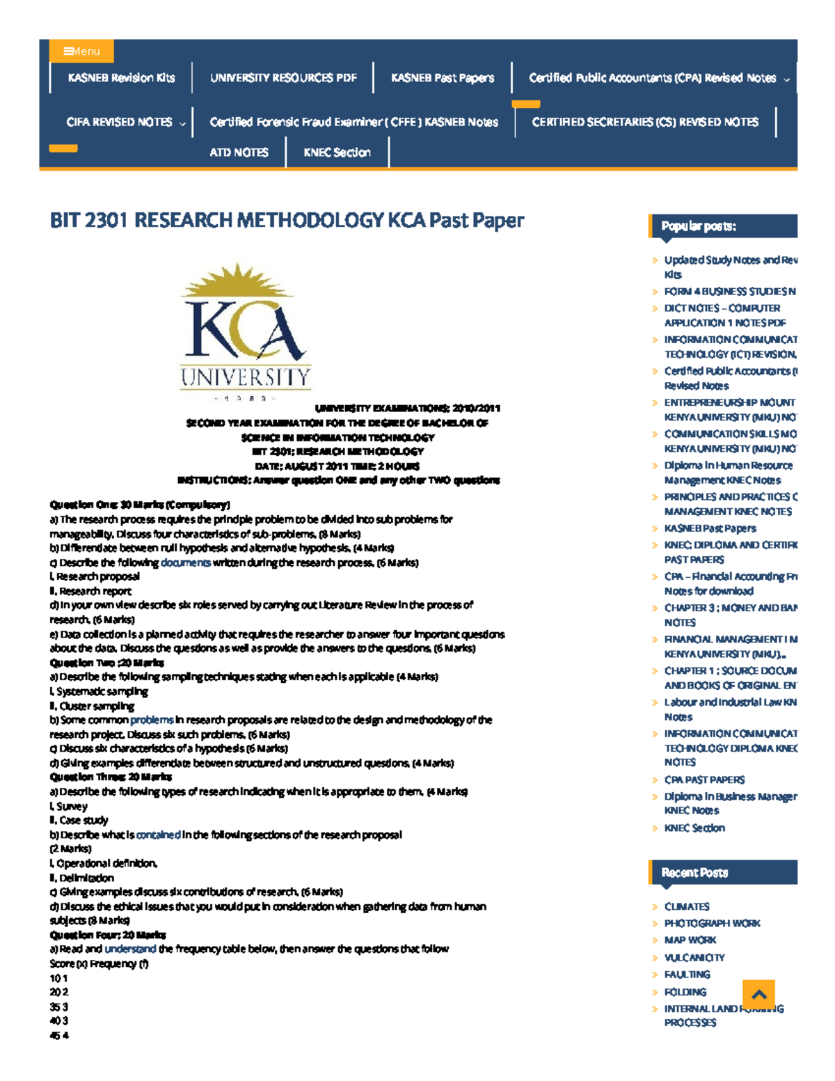 BIT 2301 Research Methodology KCA Past Paper - August 2011 Exam - Studocu