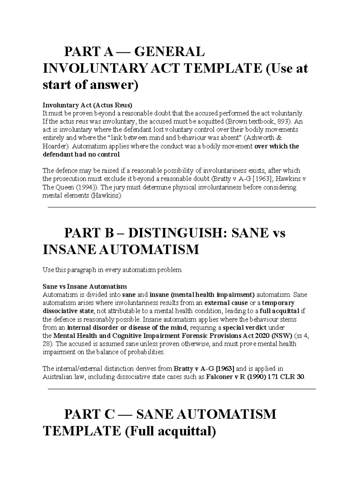 NSW Law: Involuntary Acts & Automatism Templates for Legal Analysis ...