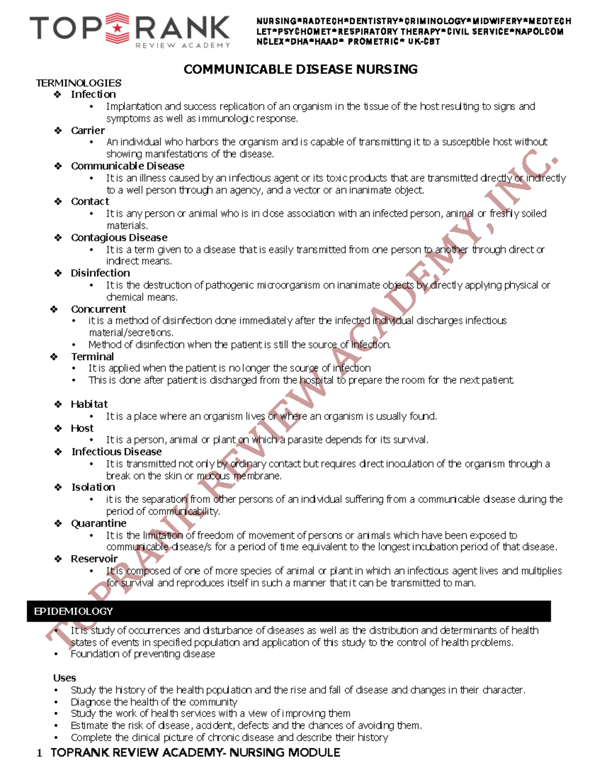 COMM 101: Communicable Disease Nursing Terminologies and Concepts - Studocu