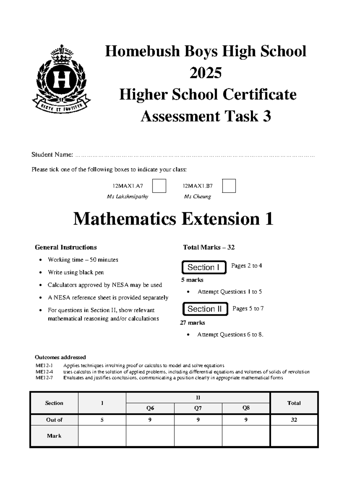 Homebush Boys High School 2025 HSC Mathematics Ext 1 Assessment Task 3 ...