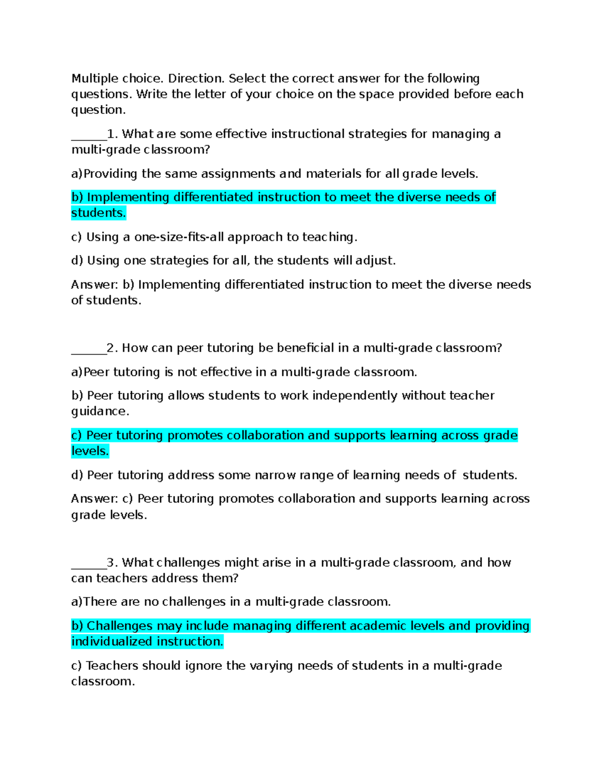 Group 1 Multi-Grade Classroom HOTS Questions & Answers - Studocu
