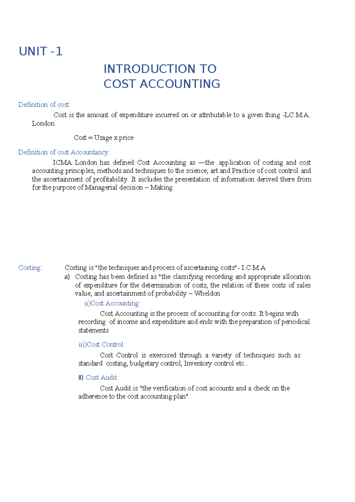 CA Unit 1 & 2: Introduction to Cost Accounting Concepts and Methods ...