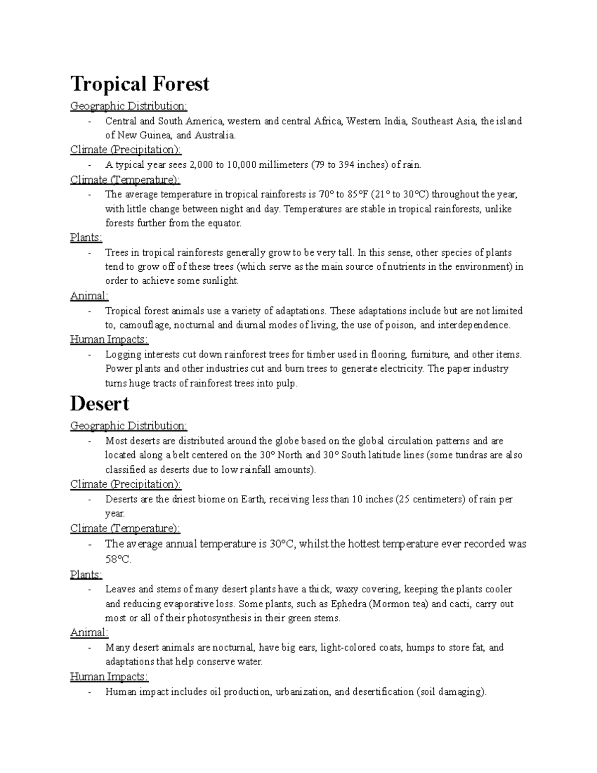 Biome Review Chart: Key Characteristics and Human Impacts - Studocu