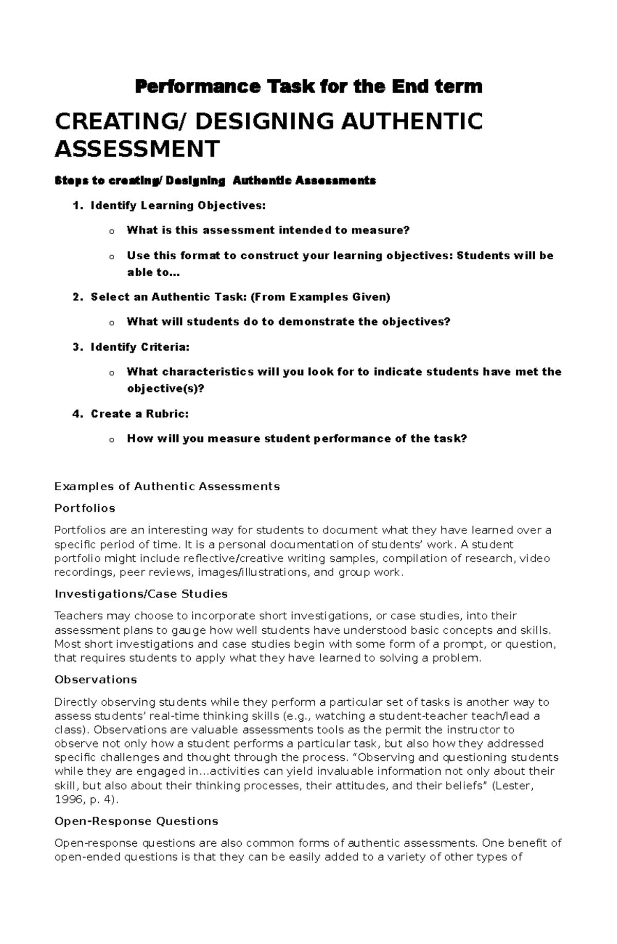 Performance Task: Steps to Designing Authentic Assessments - Studocu