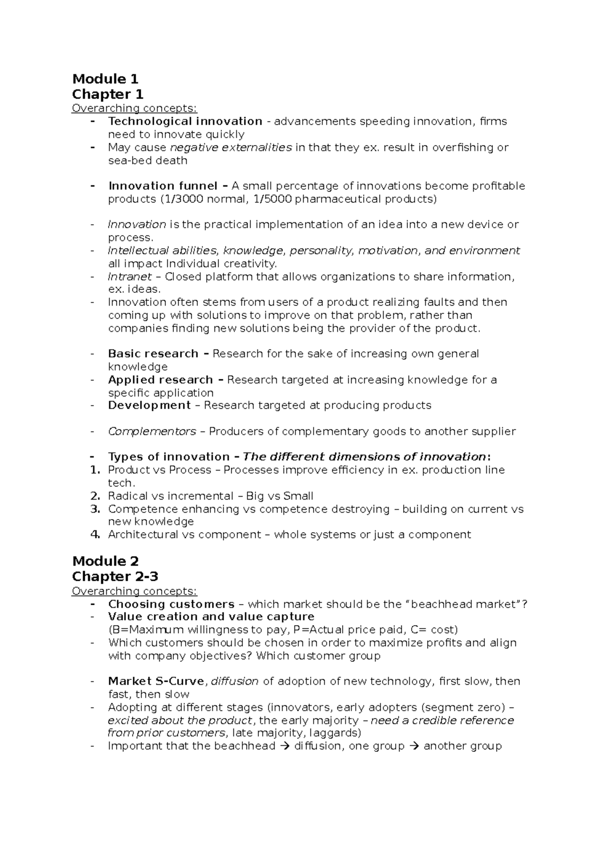 Summary of Modules: Innovation Concepts & Market Strategies (M1, M2 ...