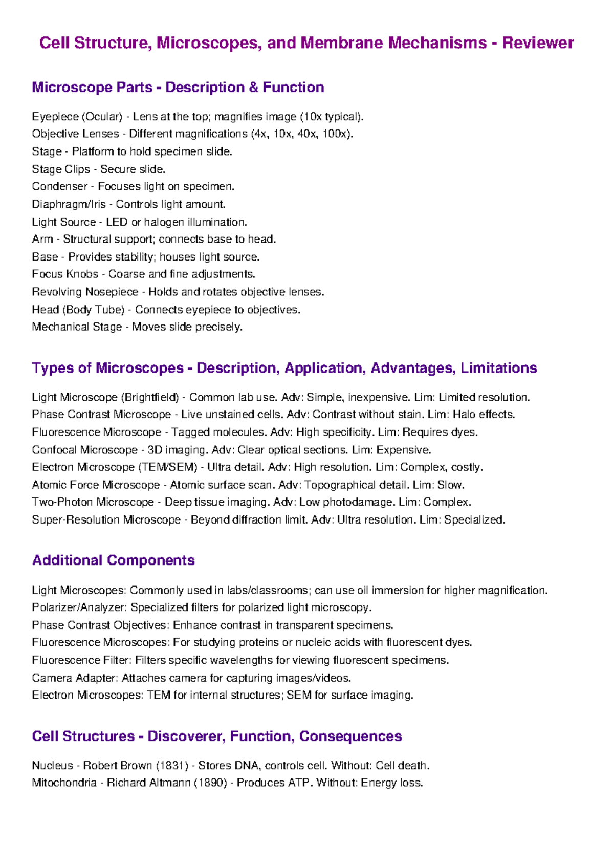 Cell Parts Discoverer & Microscopes Overview (Bio 101) - Studocu