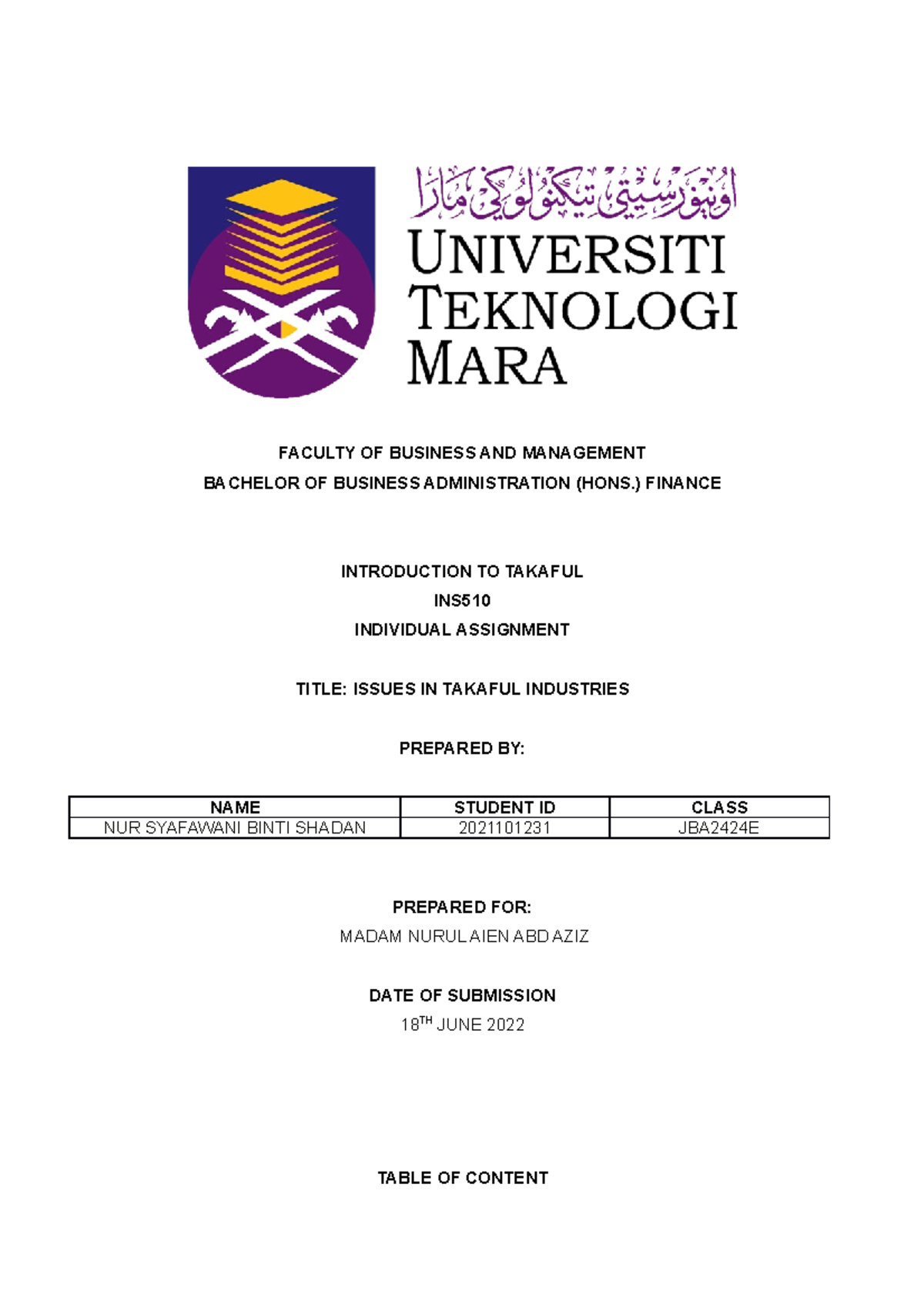 Individual Assignment - FACULTY OF BUSINESS AND MANAGEMENT BACHELOR OF ...