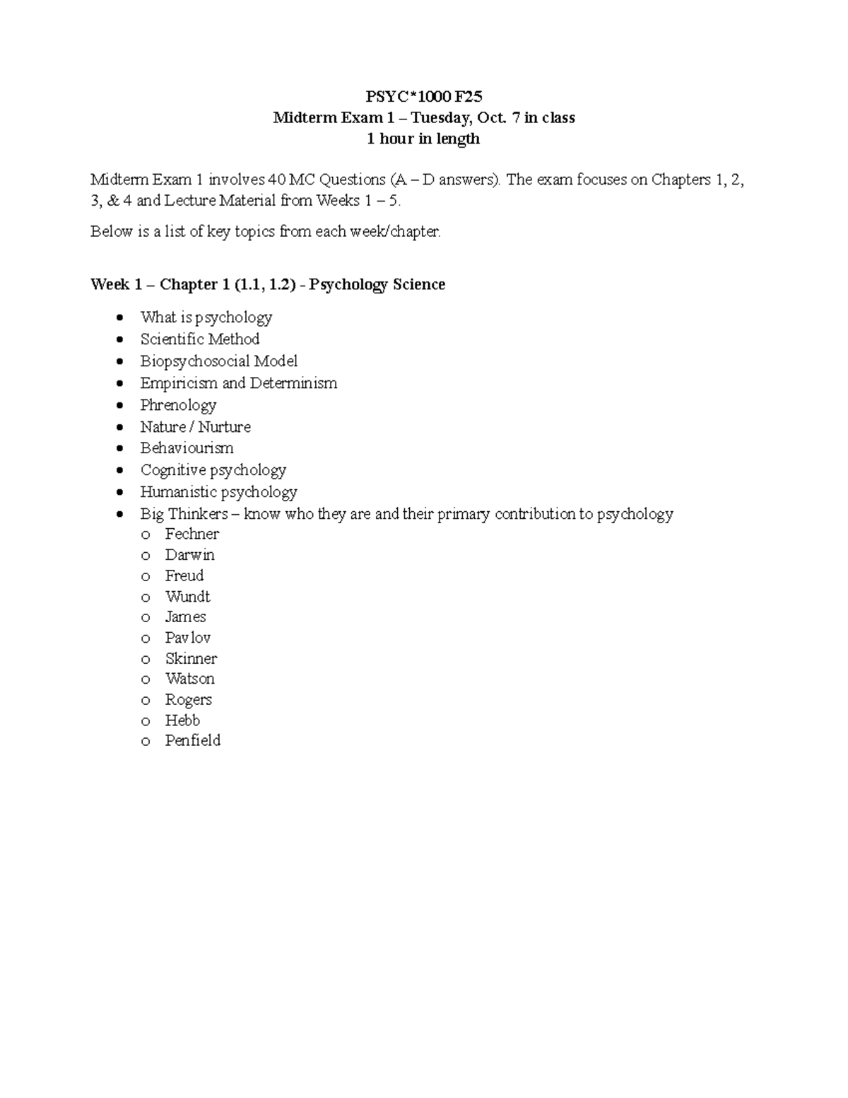 PSYC*1000 F25 - Midterm Exam 1 Study Guide (Chapters 1-4) - Studocu