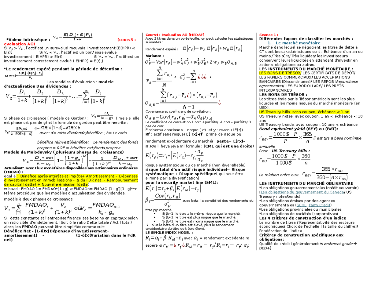 Cheatsheet placement - *Valeur intrinsèque : V 0 = E ( D 1 ) + E ( P 1 ...