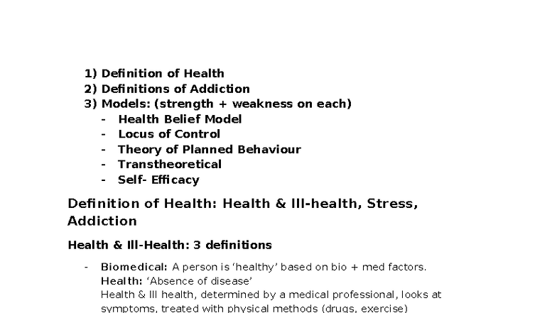 Addiction & Health: Key Definitions and Models (Content Area A) - Studocu