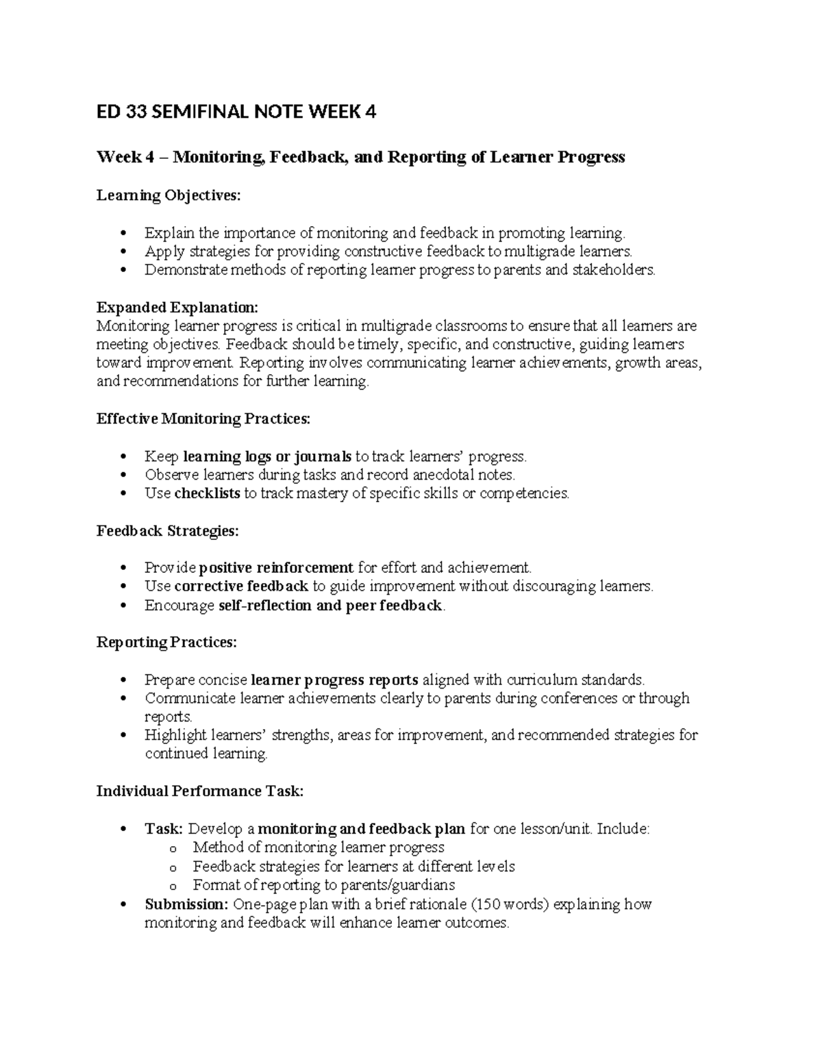 ED 33 Semifinal Notes: Week 4 on Monitoring & Feedback Strategies - Studocu