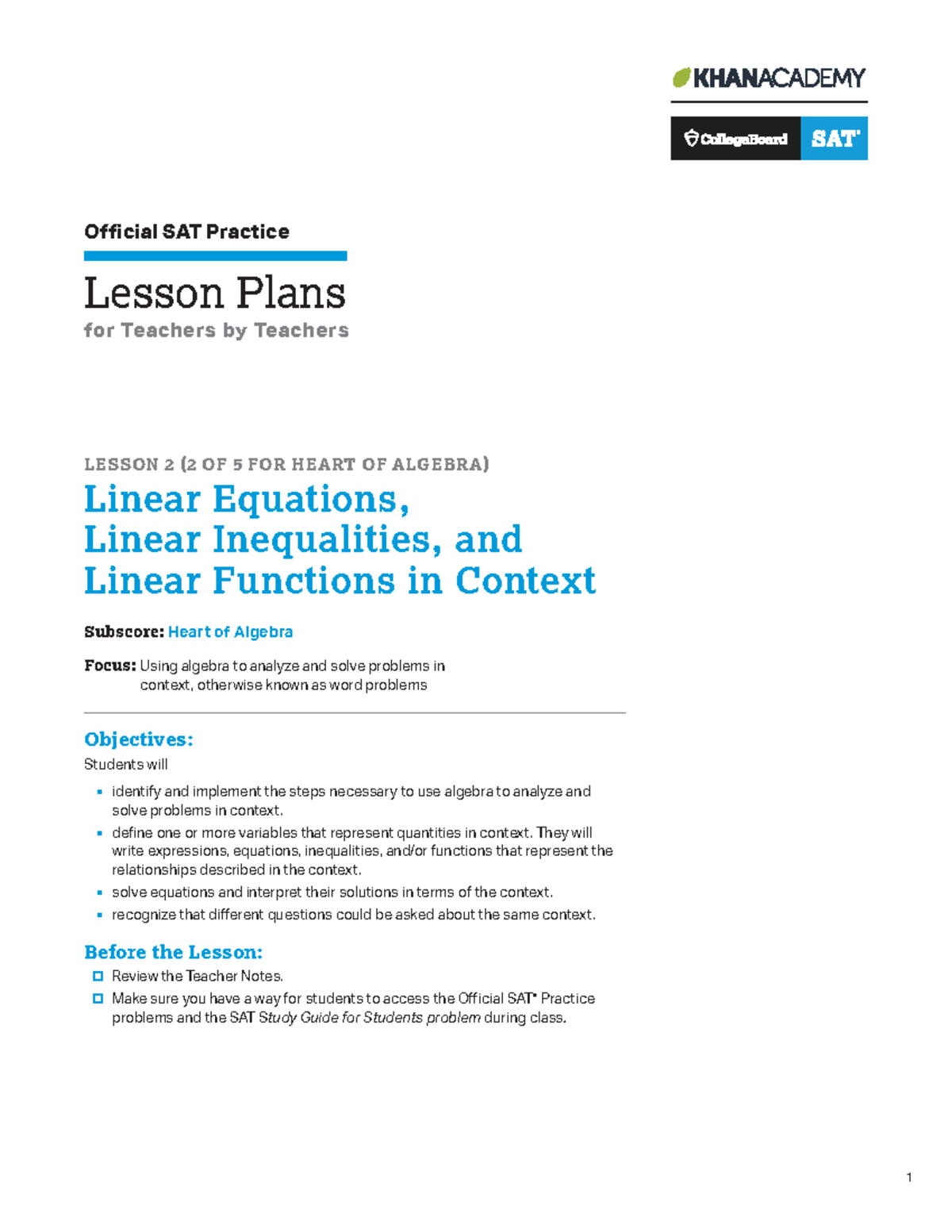 SAT Practice Lesson Plan MATH: Linear Equations & Inequalities (Part 2 ...