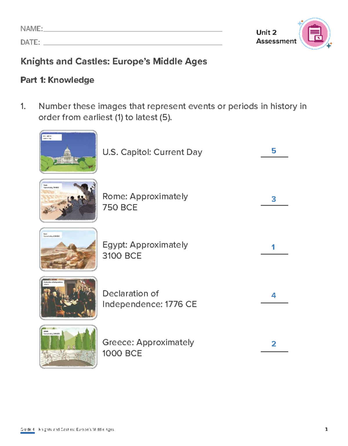 Assessment: Grade 4 Unit 2 - Knights and Castles in Europe’s Middle ...