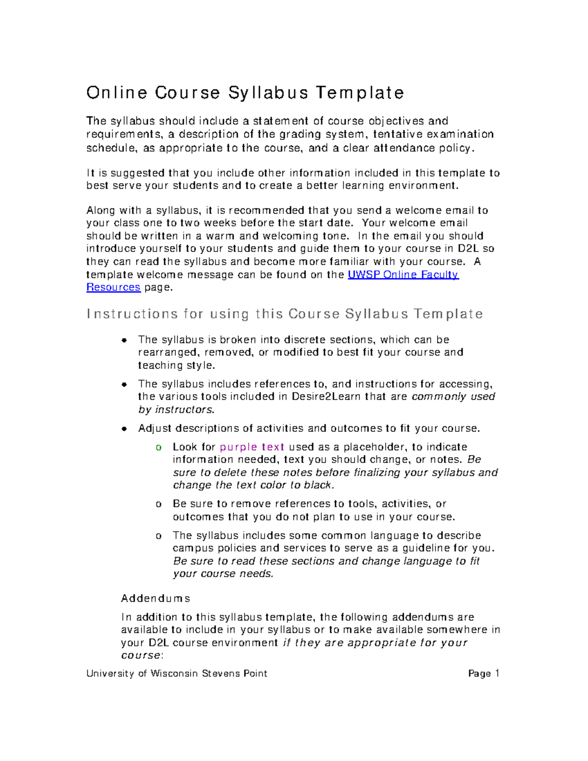 UWSP Online Course Syllabus Template Guide - Studocu
