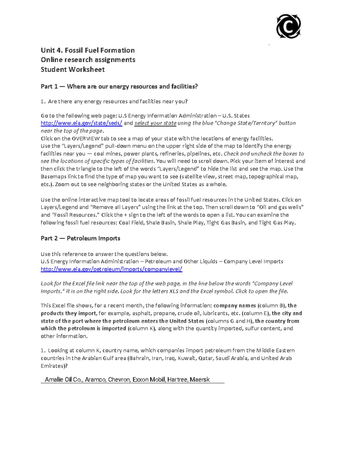Fossil Fuels Research Assignments - Unit 4 Overview and Worksheets ...
