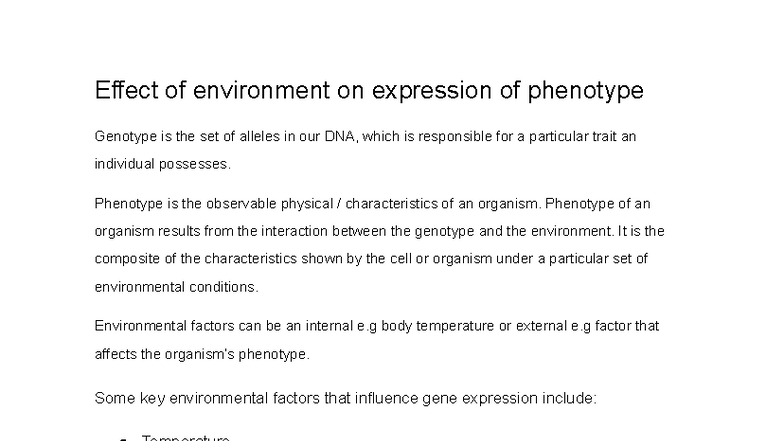 Impact of Environment on Phenotype Expression: Genotype Insights - Studocu