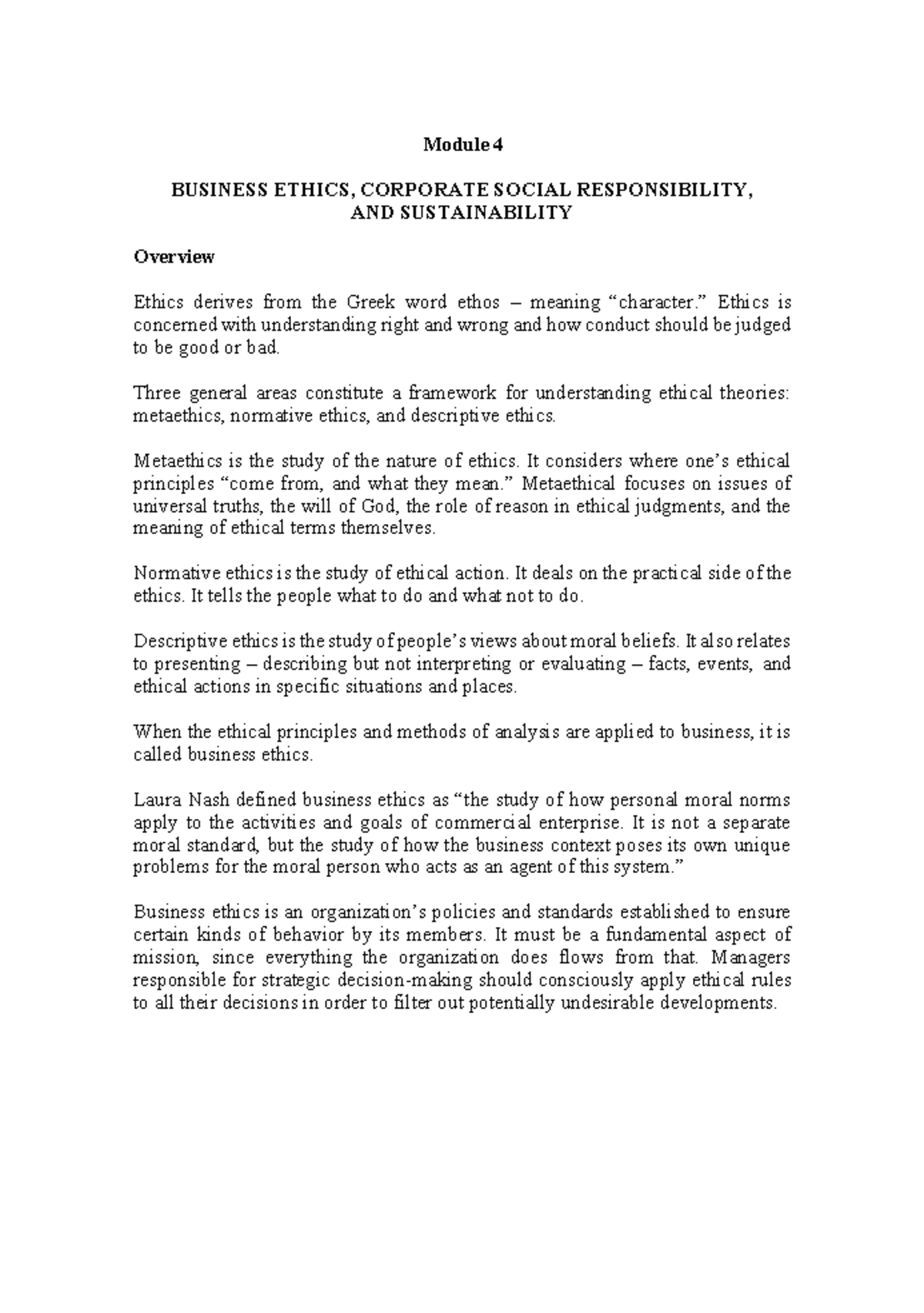 Module 4: Business Ethics, CSR, and Sustainability Overview - Studocu
