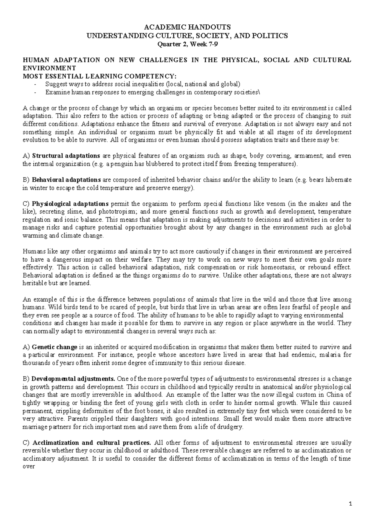UCSP Q2W7 AHO - Understanding Human Adaptation to Environmental Changes ...