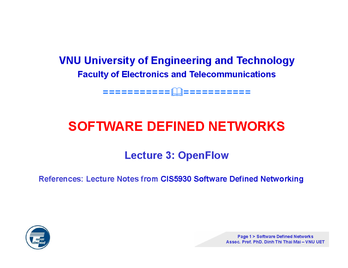 CIS5930 Software Defined Networks Lecture 3: OpenFlow Overview - Studocu