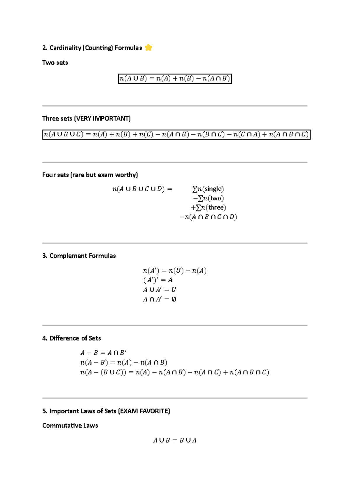 Maths 101: Cardinality Formulas & Set Laws for Final Exam - Studocu