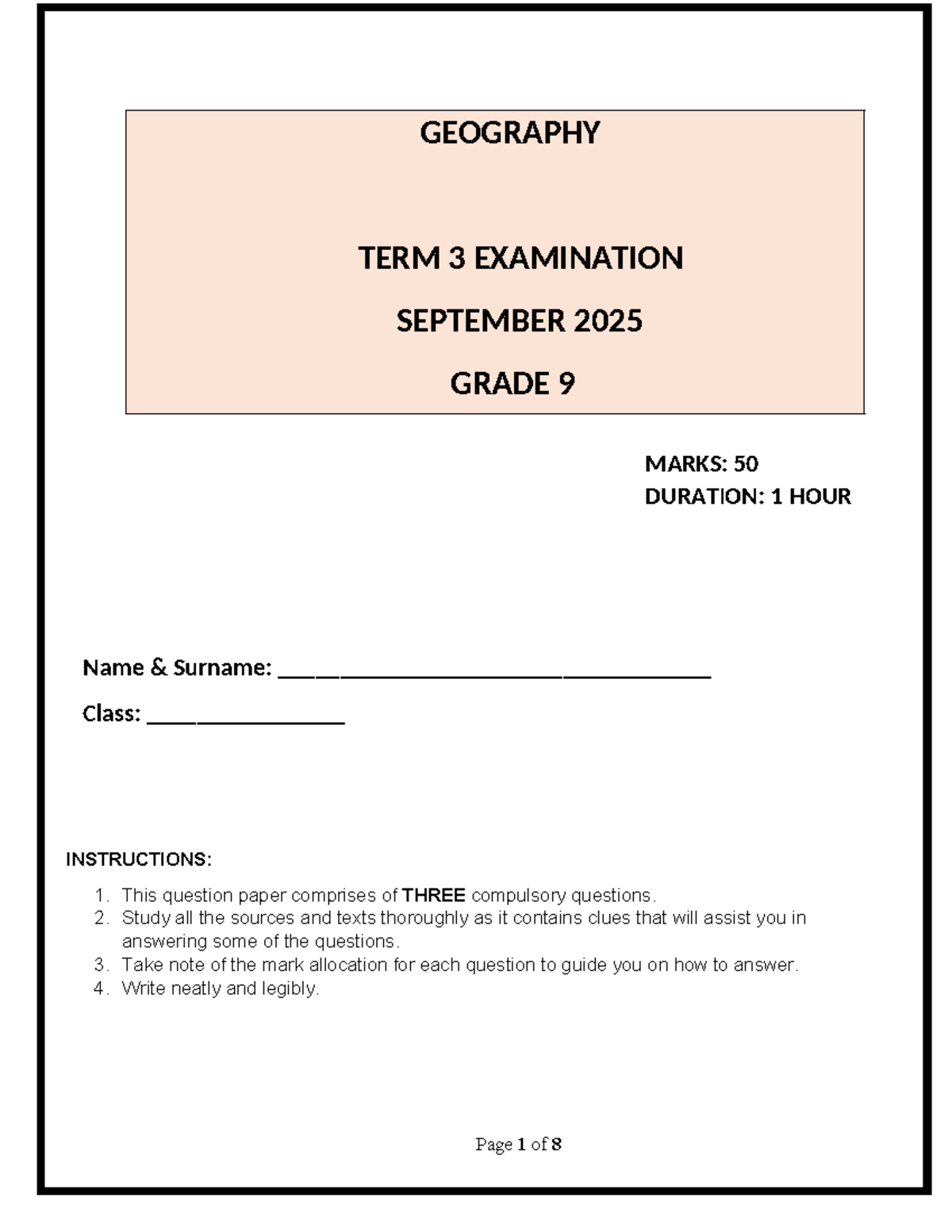 GEOGRAPHY GRADE 9 TERM 3 EXAMINATION SEPT 2025 - Studocu