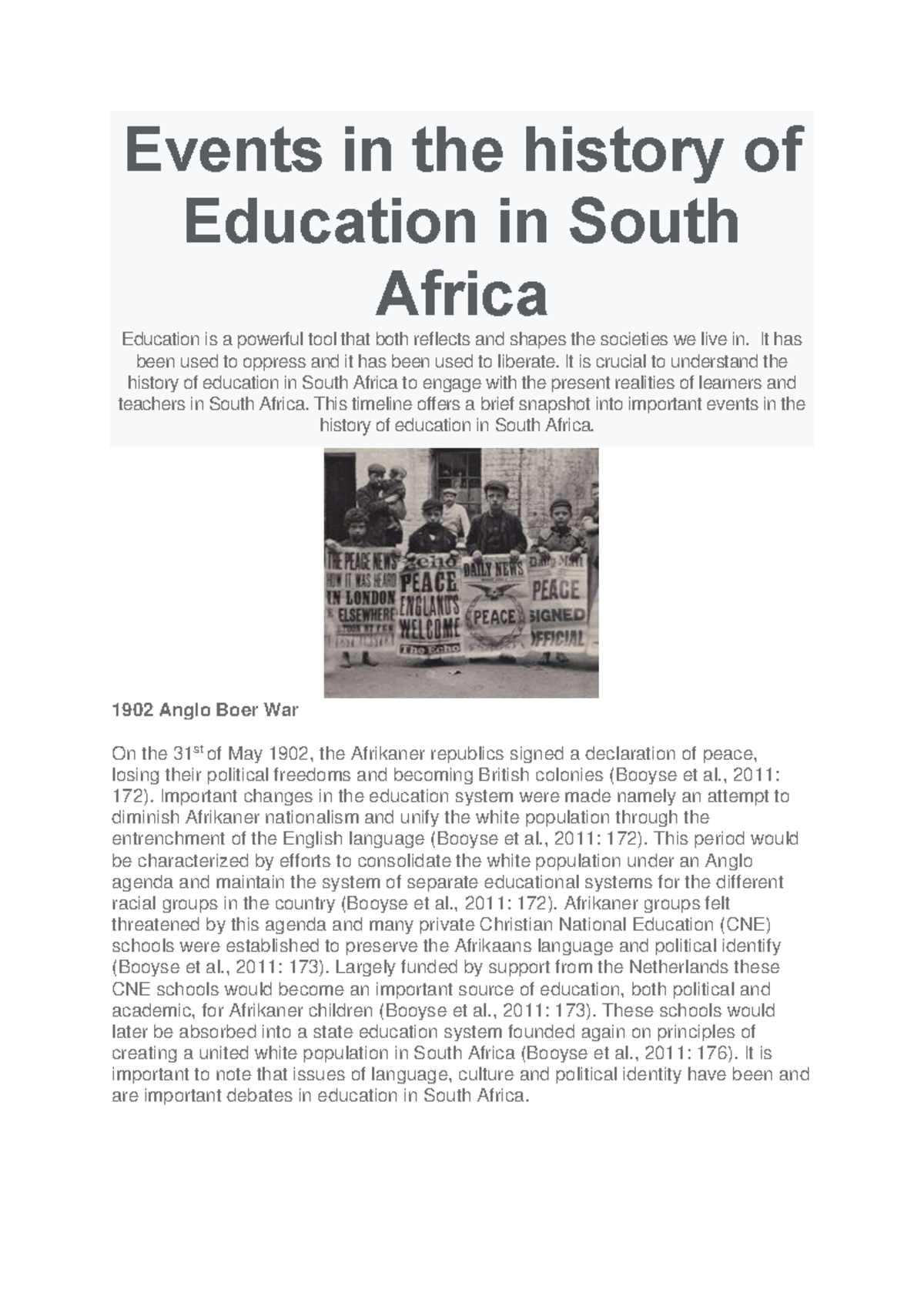 Timeline Analysis of Education in South Africa: Historical Events (EDU ...
