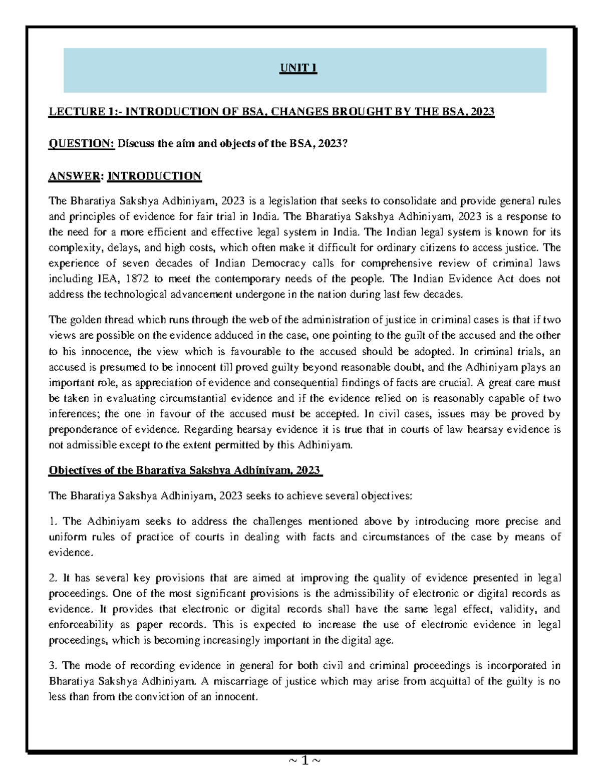 BSA 2023 Lecture Notes: Introduction, Objectives, and Key Provisions ...