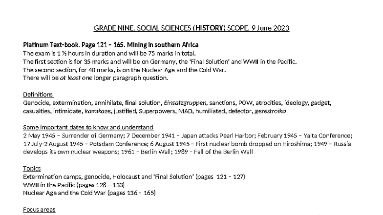 G9 Social Sciences (History) Exam Scope: WWII & Cold War Focus - Studocu