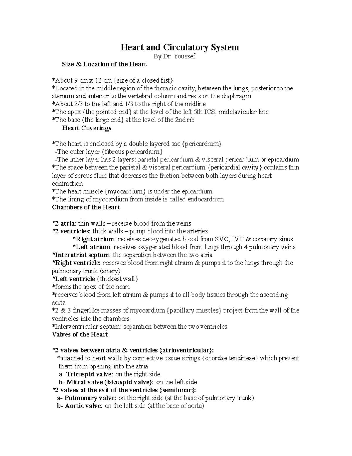 HO- heart - Lecture notes - Heart and Circulatory System By Dr. Youssef ...