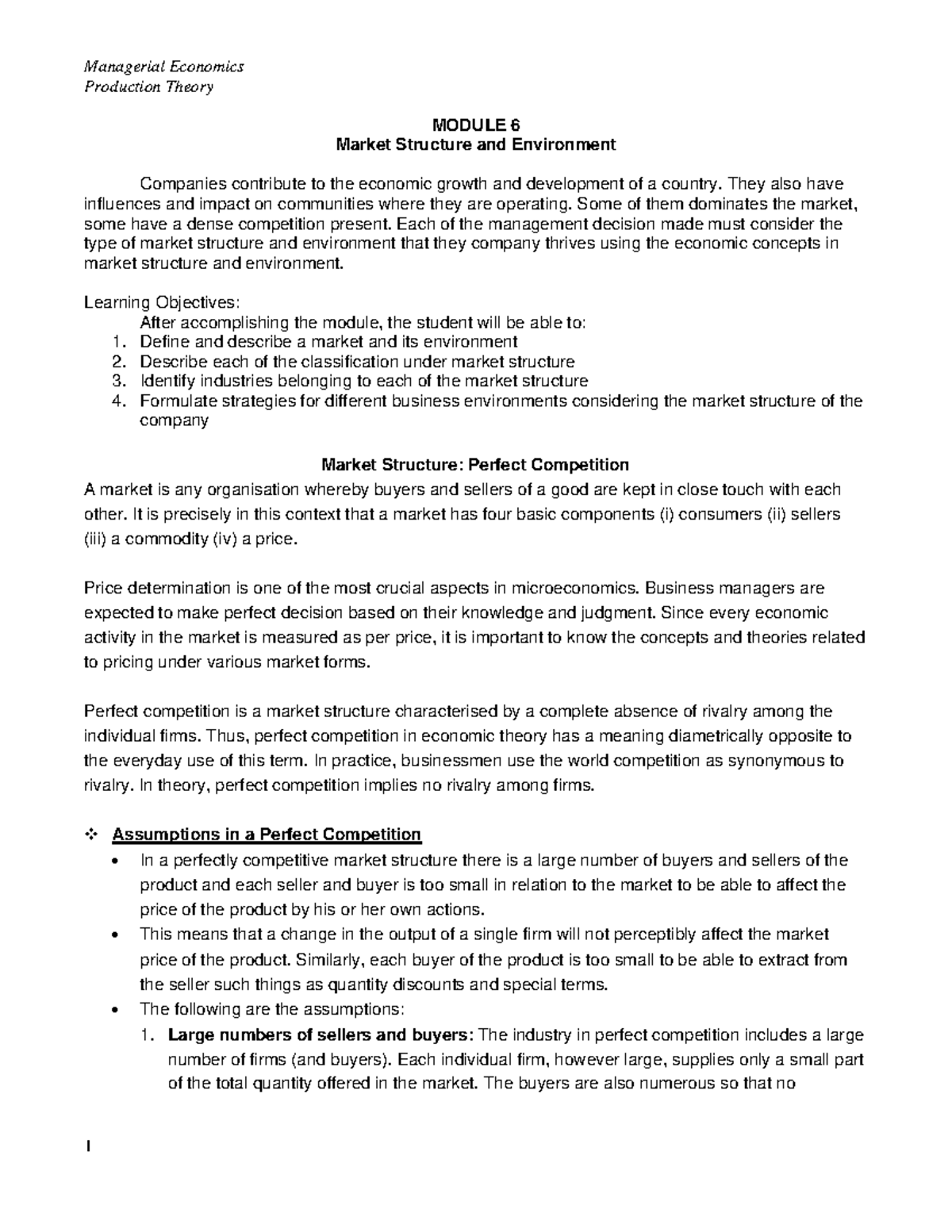 Managerial Economics Production Theory: Module 6 - Market Structure ...