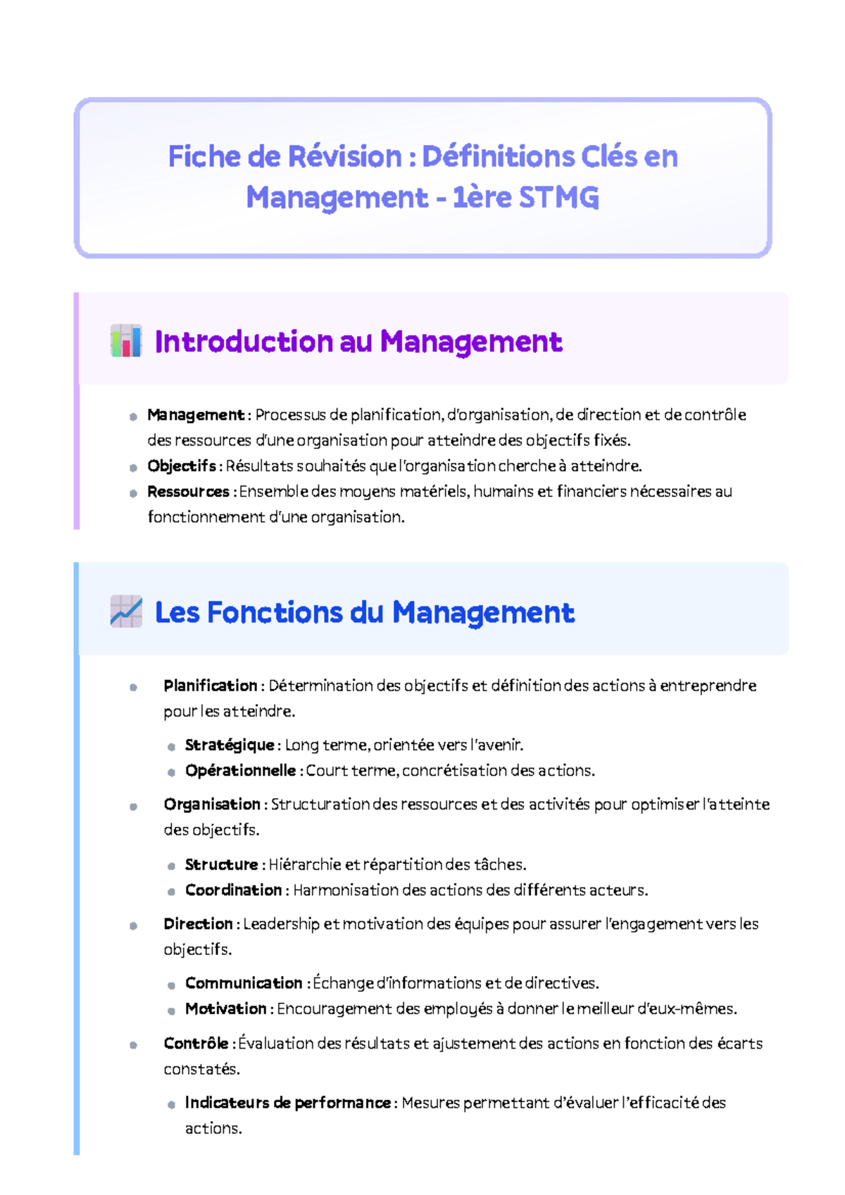 Fiche de Révision : Définitions Clés en Management 1ère STMG - Studocu