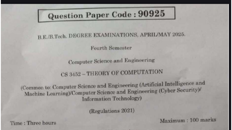 CS 3452 Theory of Computation - Degree Exam QP 90925, 2025 - Studocu