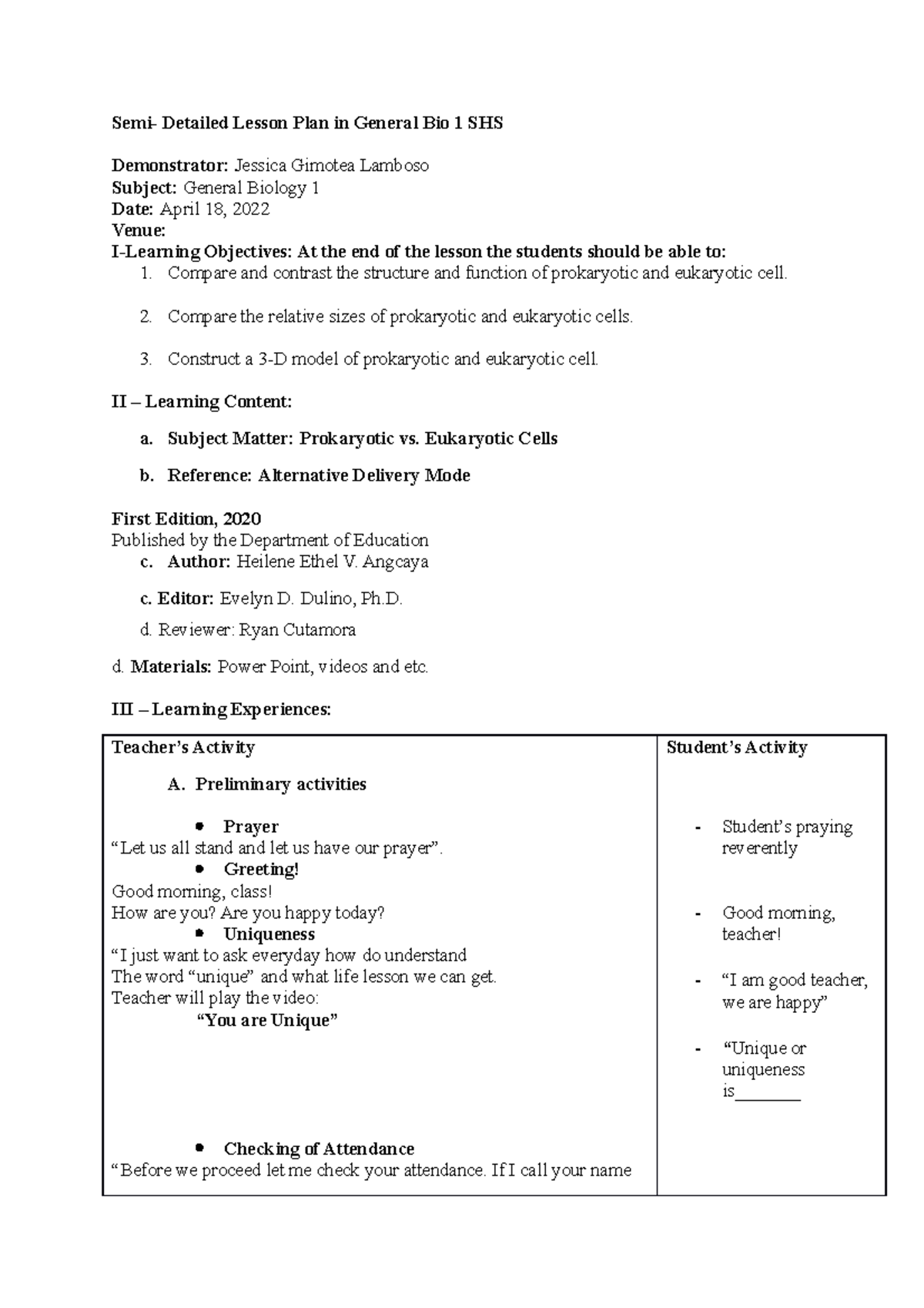 Science SHS RQA - Nothing - Semi- Detailed Lesson Plan in General Bio 1 SHS Demonstrator ...