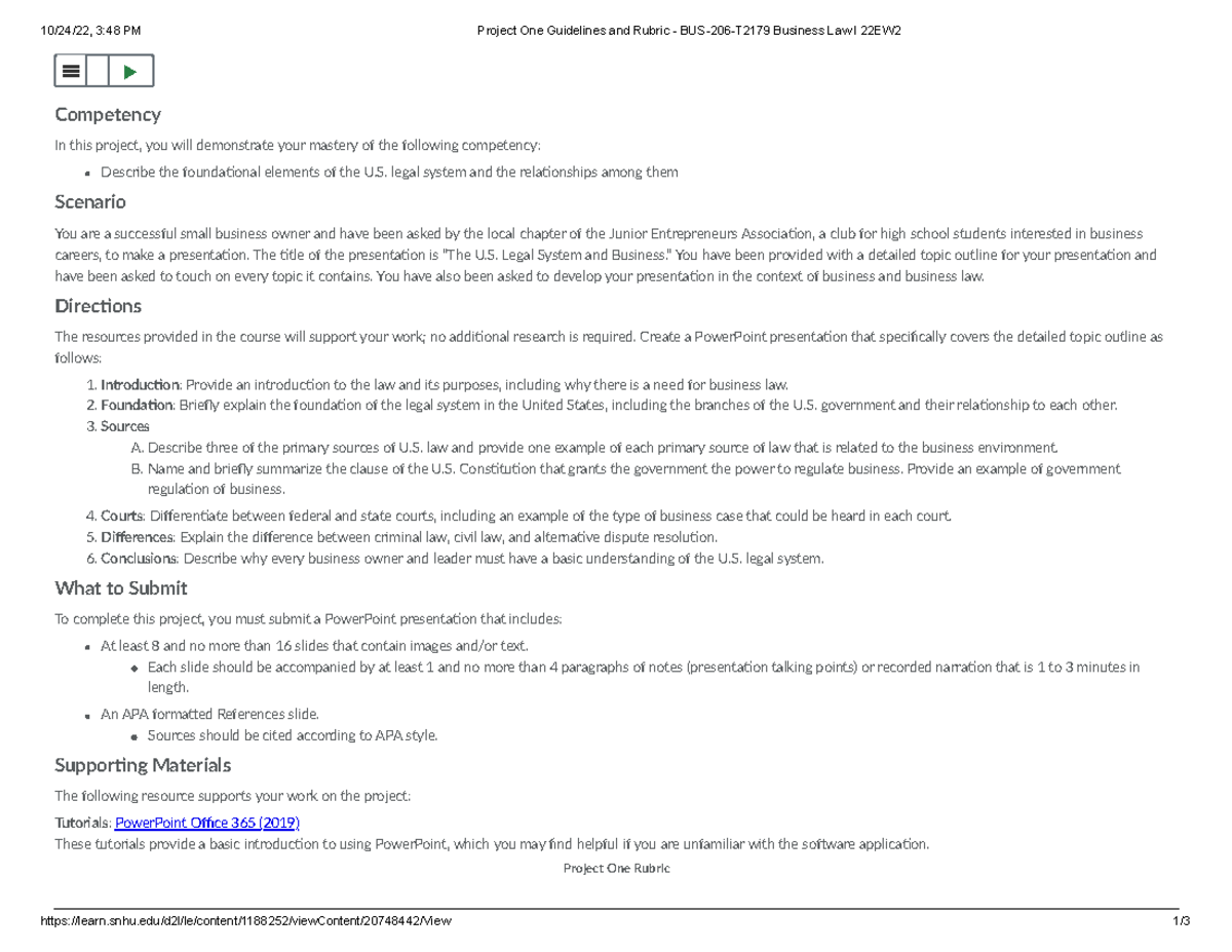 Project One Guidelines and Rubric - BUS-206-T2179 Business Law I 22EW2 ...