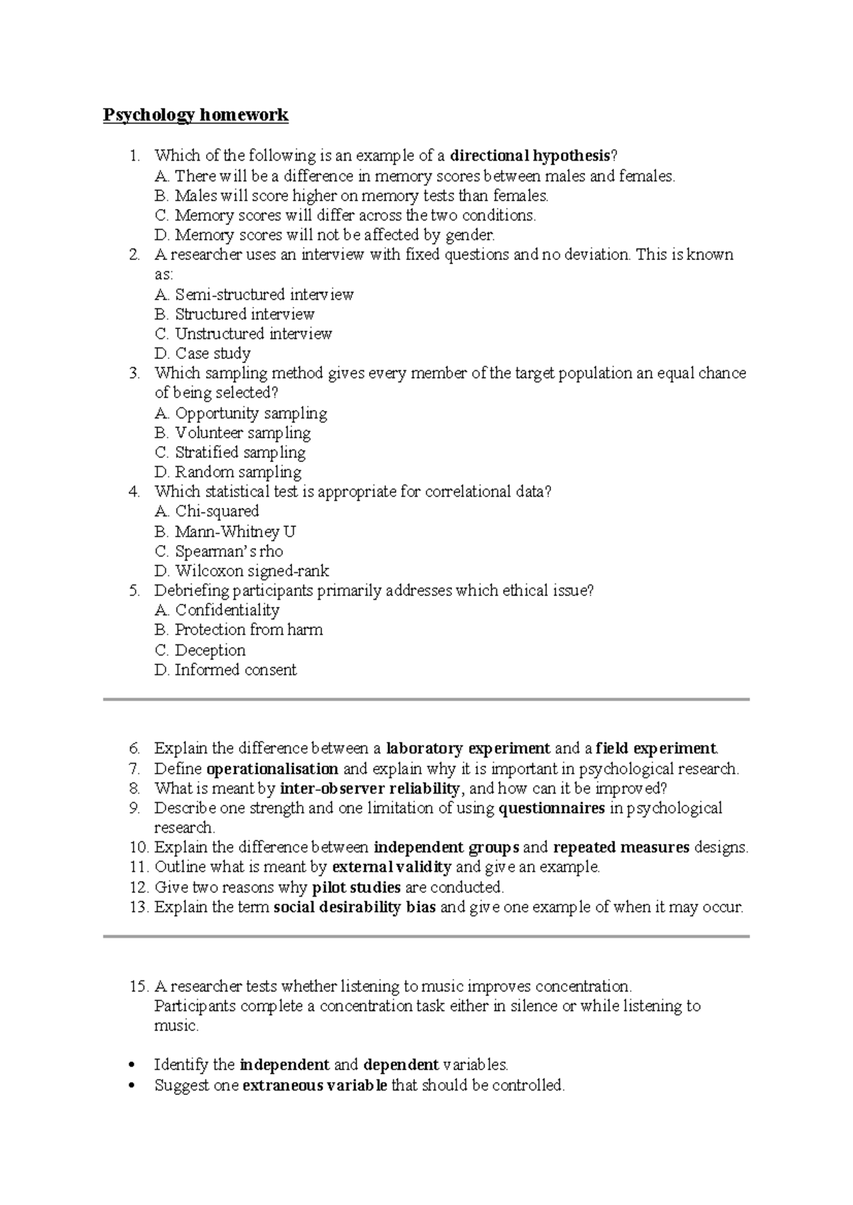 Psychology HW1: Directional Hypotheses & Research Methods - Studocu