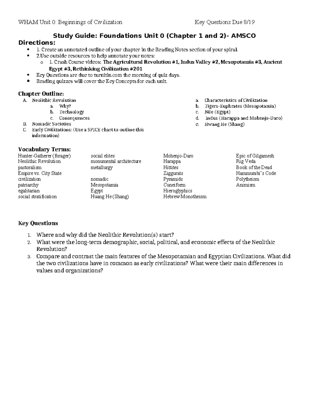 Foundations Unit 0: Key Questions on Early Civilizations Study Guide ...