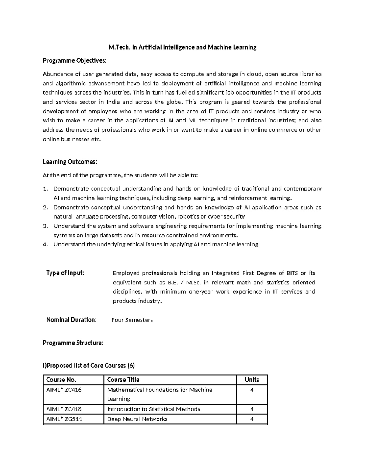 M.Tech AIML Curriculum Overview and Course Details - Studocu
