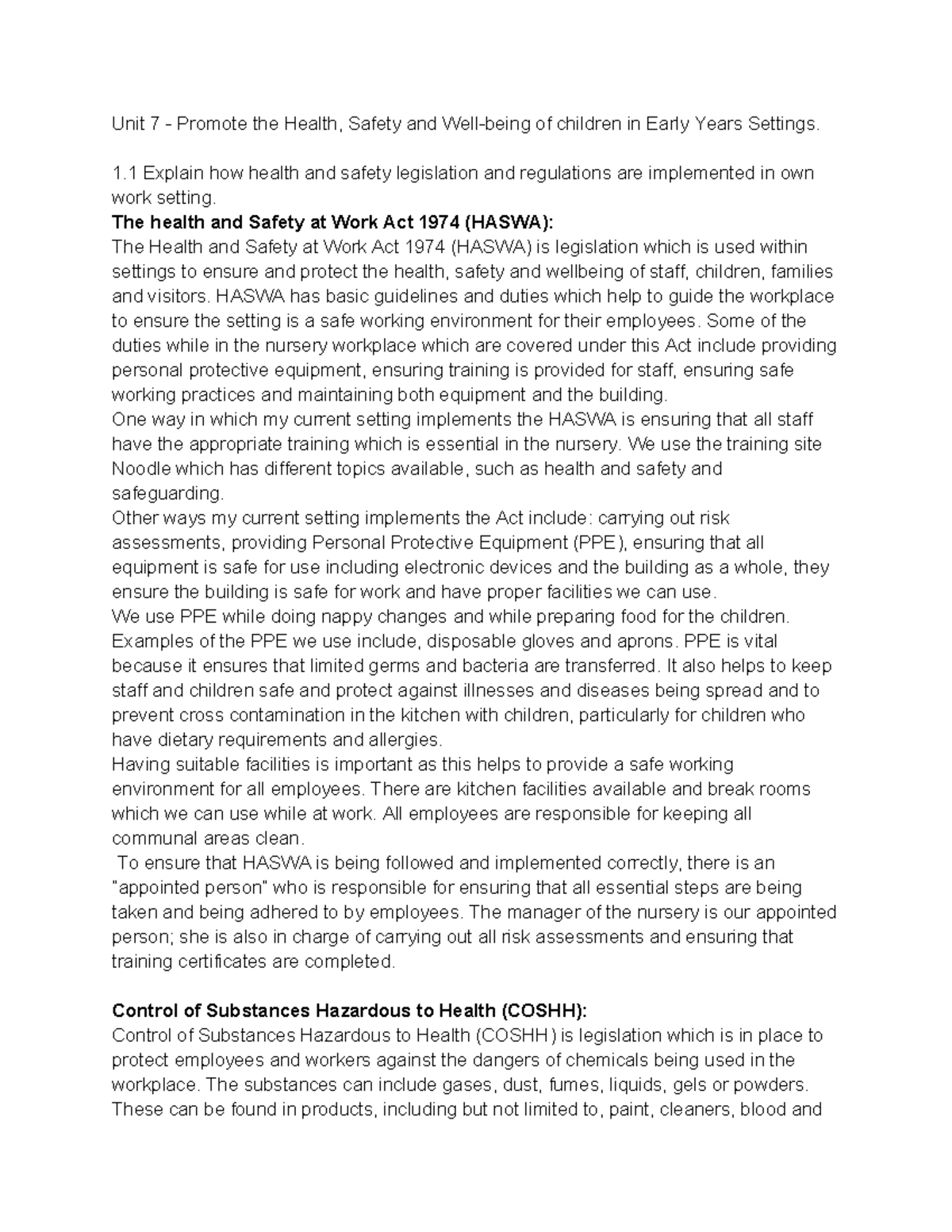 Unit 7 - Health, Safety & Well-being in Early Years Settings - Studocu