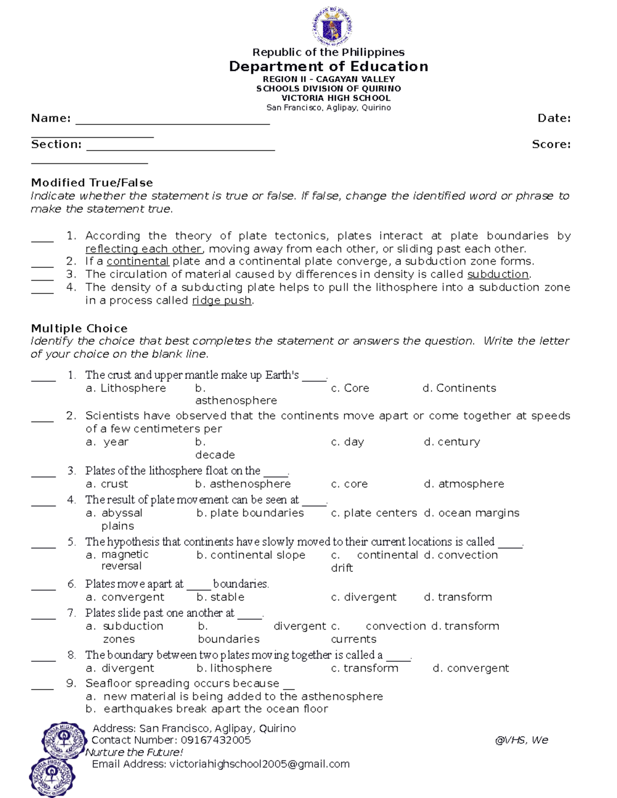 Test Plate Tectonics - Summative Assessment (Final Test) - Studocu