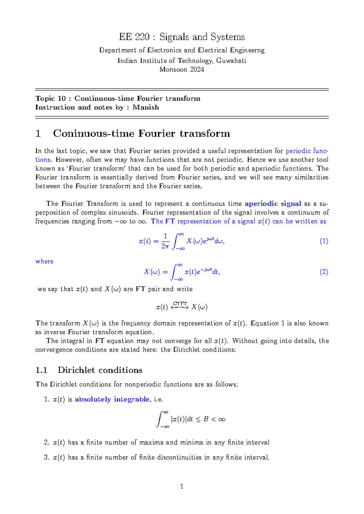 Topic 10: CTFT - Continuous-time Fourier Transform Notes (EE 220) - Studocu
