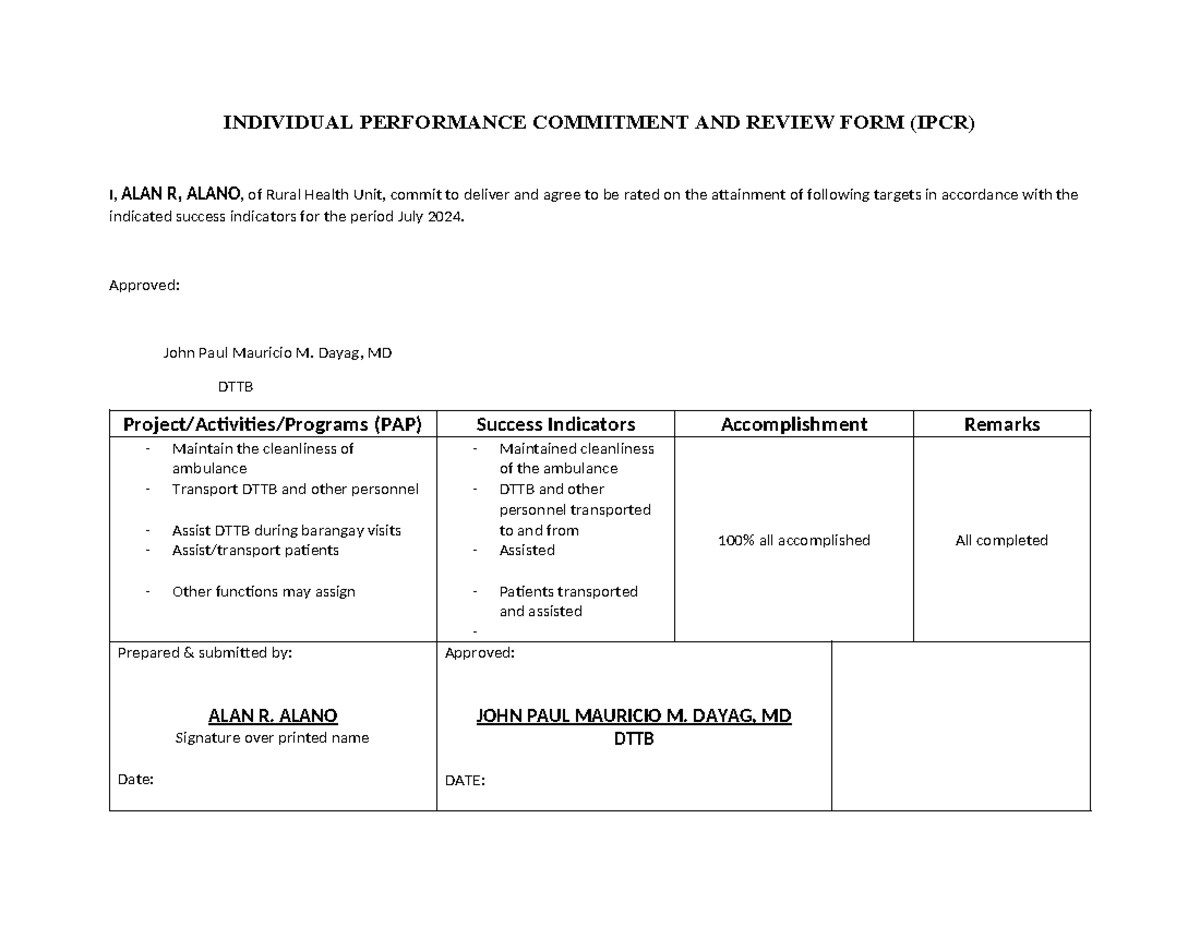 Individual Performance Commitment AND Review FORM - INDIVIDUAL ...