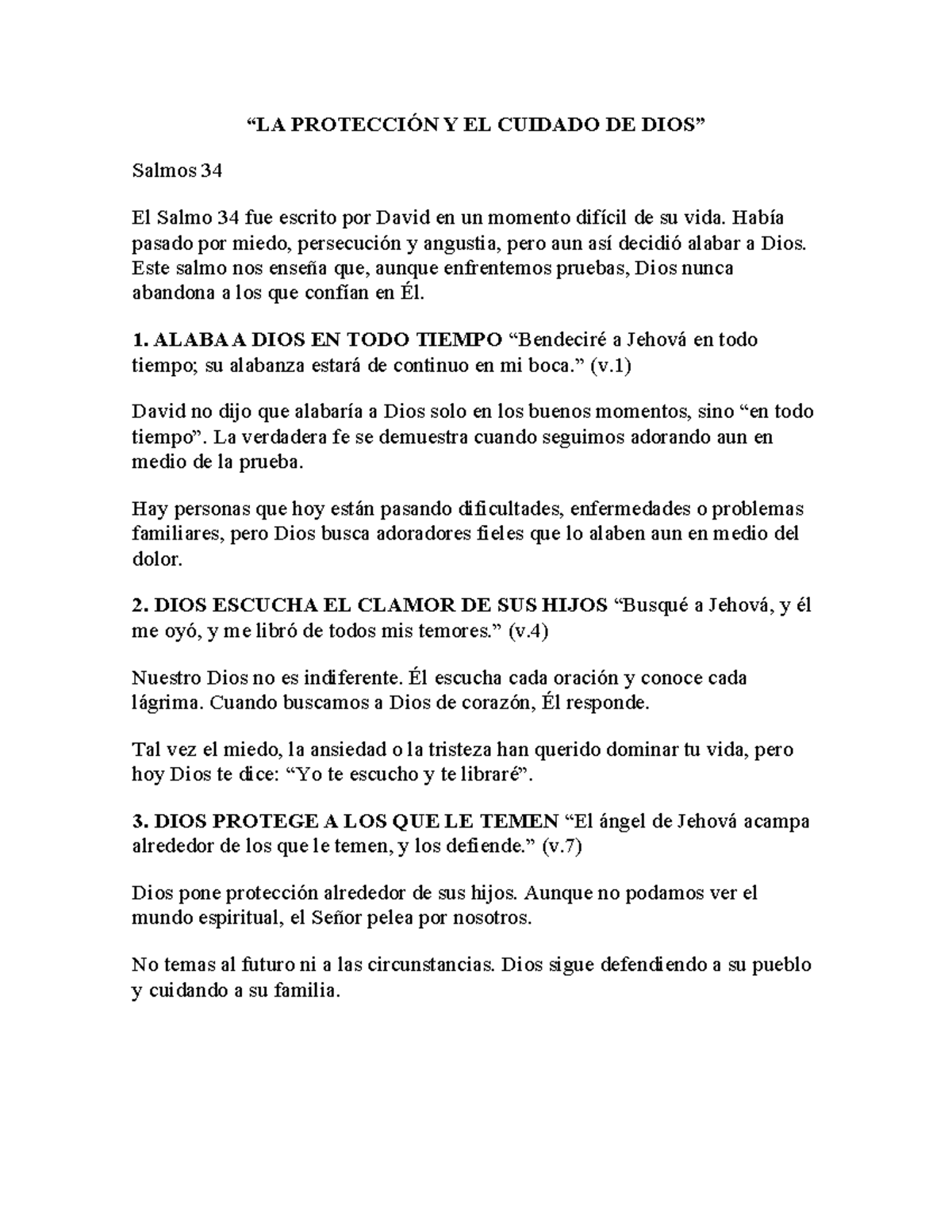 Salmos 34: La Protección y Cuidado de Dios en Tiempos Difíciles - Studocu