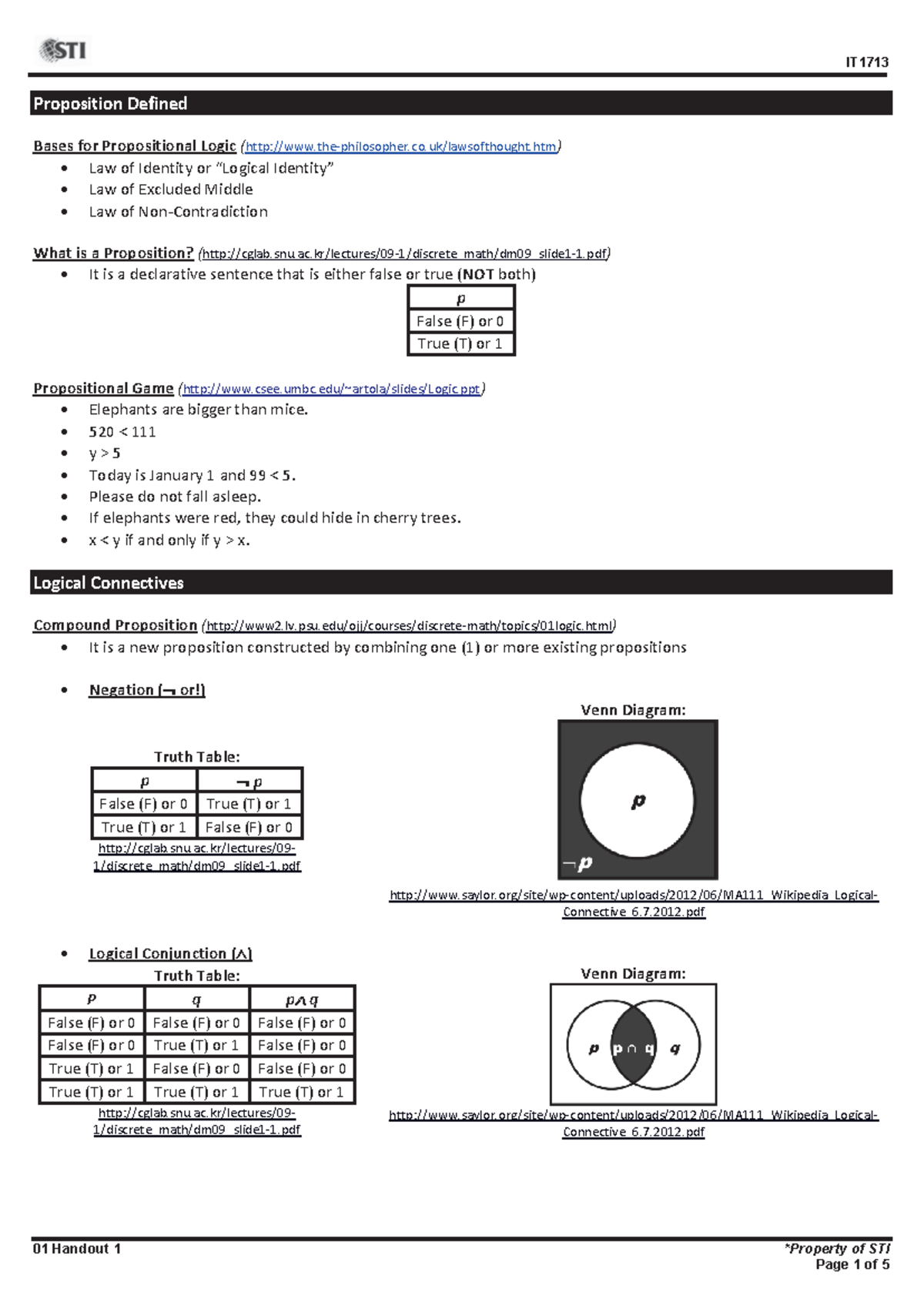 Discrete math handout 1 - 01 Handout 1 *Property of STI Proposition ...