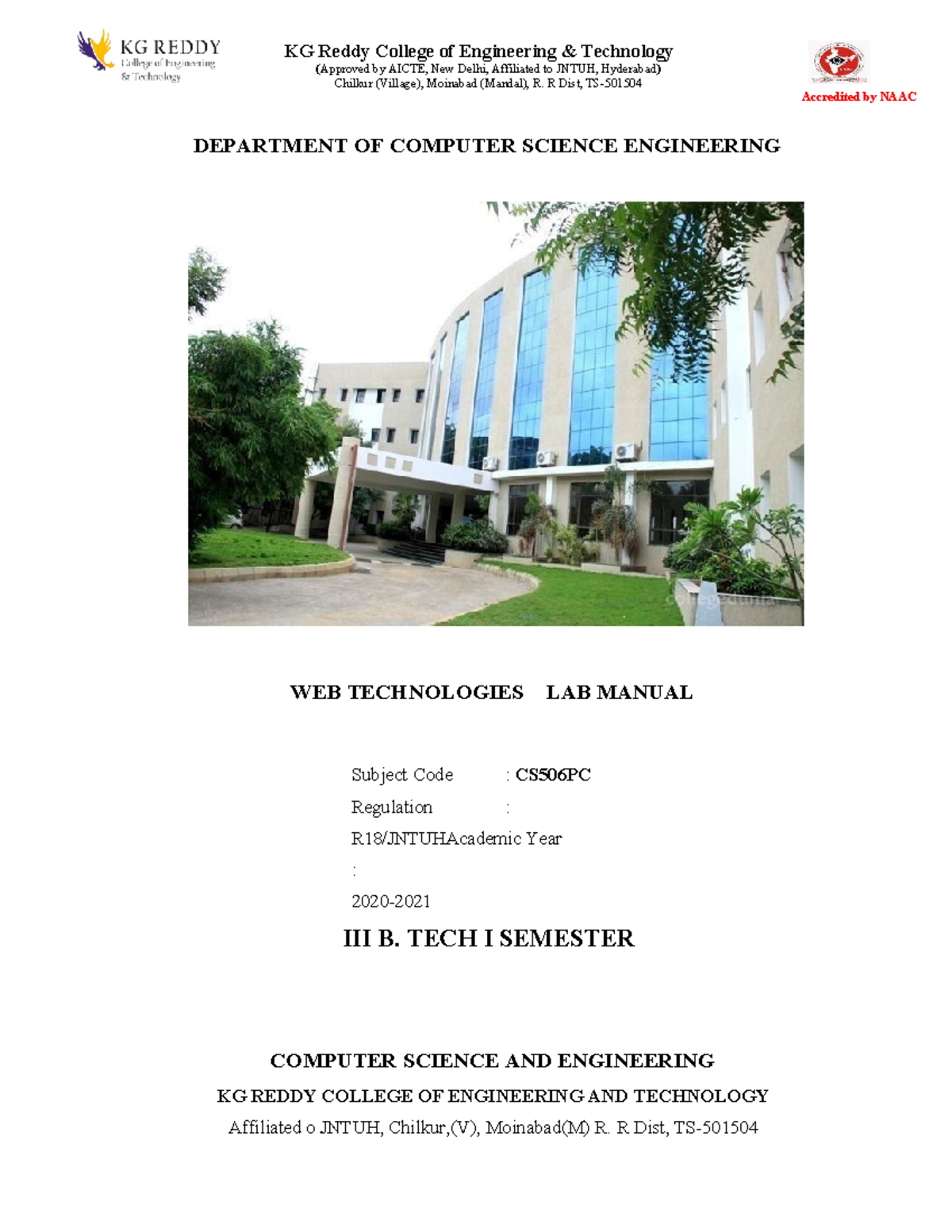 CS506PC Web Technologies Lab Manual - KG Reddy College - Studocu